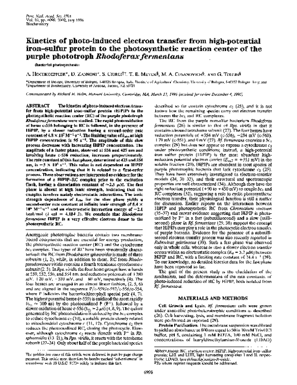 (PDF) Kinetics of Photo-Induced Electron Transfer from High-Potential ...
