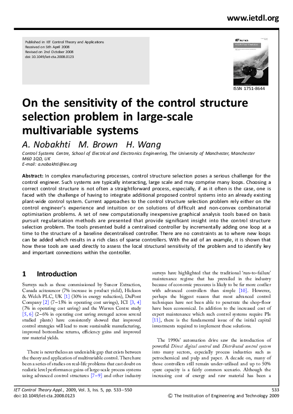 (PDF) On the sensitivity of the control structure selection problem in large-scale multivariable ...