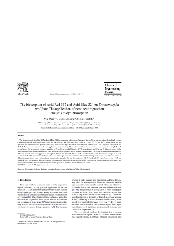 (PDF) The biosorption of Acid Red 337 and Acid Blue 324 on Enteromorpha ...