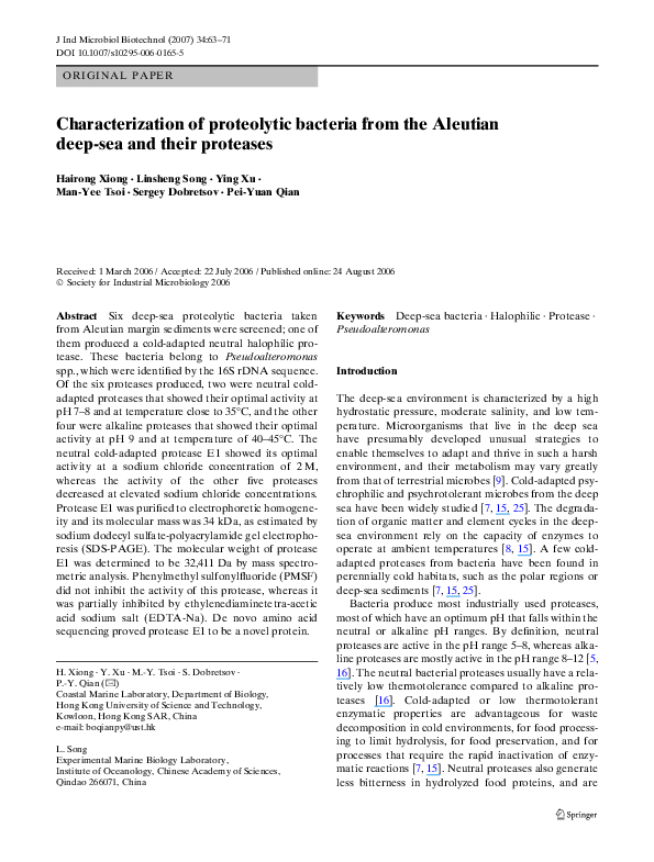 (PDF) Characterization of proteolytic bacteria from the Aleutian deep ...