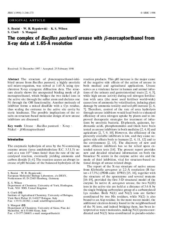 (PDF) The complex of Bacillus pasteurii urease with β-mercaptoethanol ...