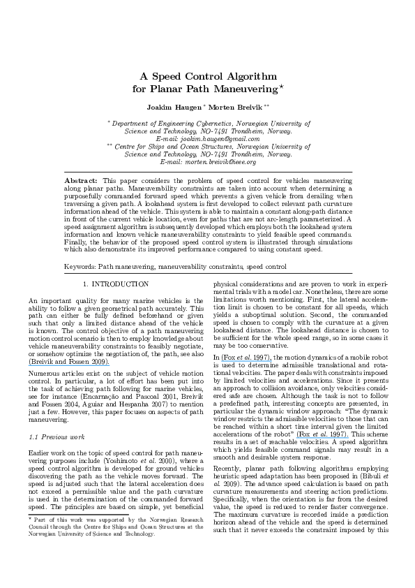 Pdf A Speed Control Algorithm For Planar Path Maneuvering