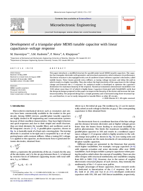 (PDF) Development of a triangular-plate MEMS tunable capacitor with linear capacitance–voltage ...