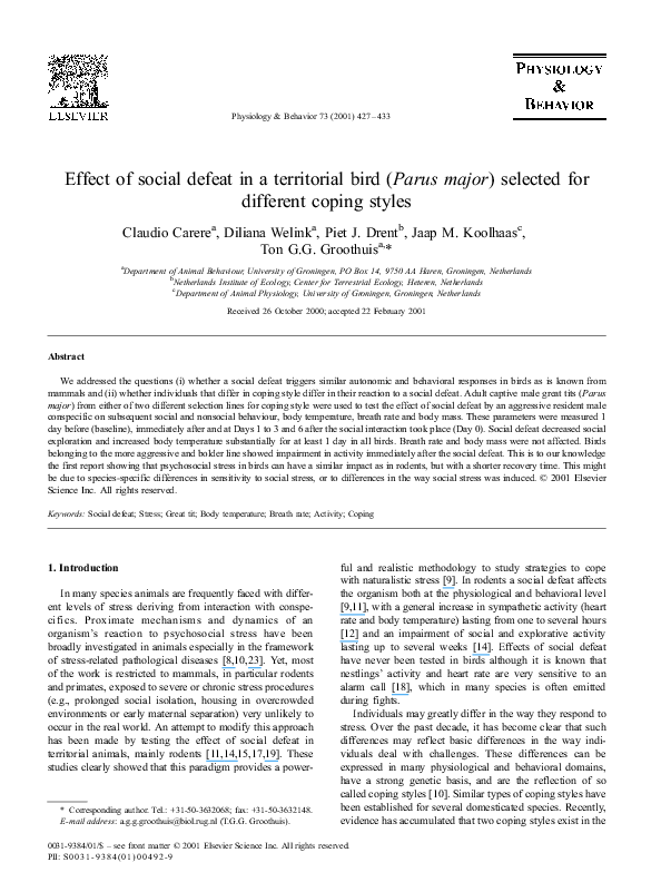(PDF) Effect of social defeat in a territorial bird ( Parus major ...