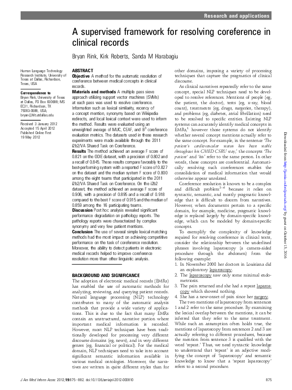 Pdf A Supervised Framework For Resolving Coreference In Clinical Records
