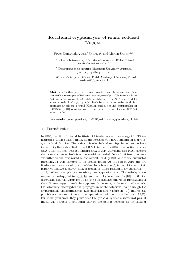 (PDF) Rotational Cryptanalysis of Round-Reduced Keccak
