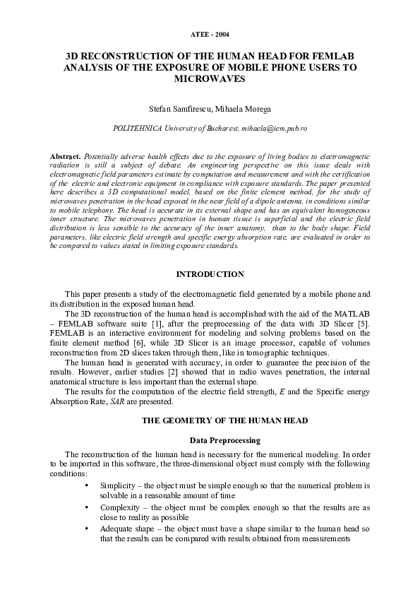(PDF) 3D RECONSTRUCTION OF THE HUMAN HEAD FOR FEMLAB ANALYSIS OF THE EXPOSURE OF MOBILE PHONE ...