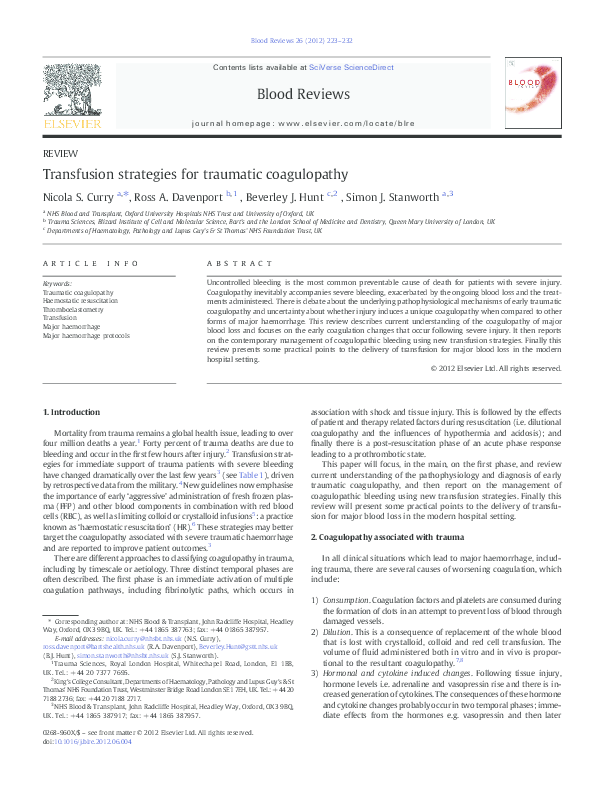 (PDF) Transfusion strategies for traumatic coagulopathy