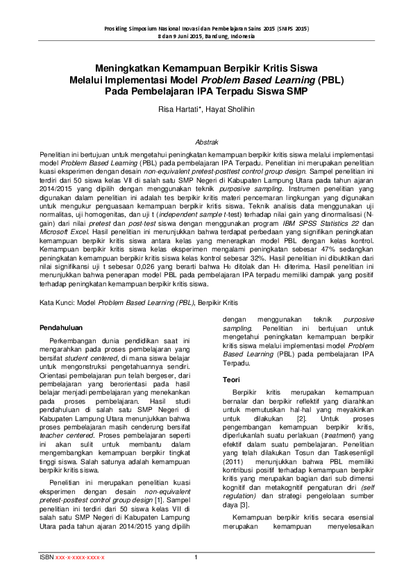 (PDF) Meningkatkan Kemampuan Berpikir Kritis Siswa Melalui Implementasi Model Problem Based ...