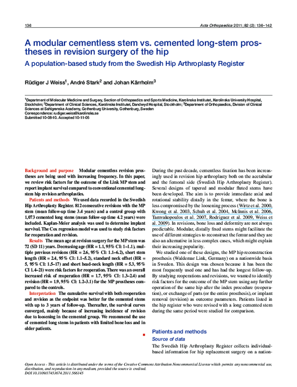 (PDF) A modular cementless stem vs. cemented long-stem prostheses in ...