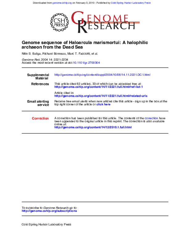 (PDF) Genome sequence of Haloarcula marismortui: A halophilic archaeon ... (PDF) Genome sequence of Haloarcula marismortui: A halophilic archaeon ...