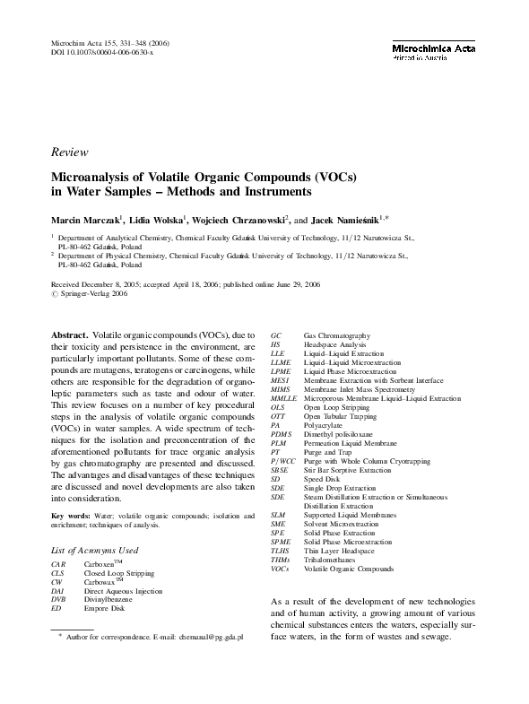 (PDF) Microanalysis of Volatile Organic Compounds (VOCs) in Water Samples – Methods and Instruments