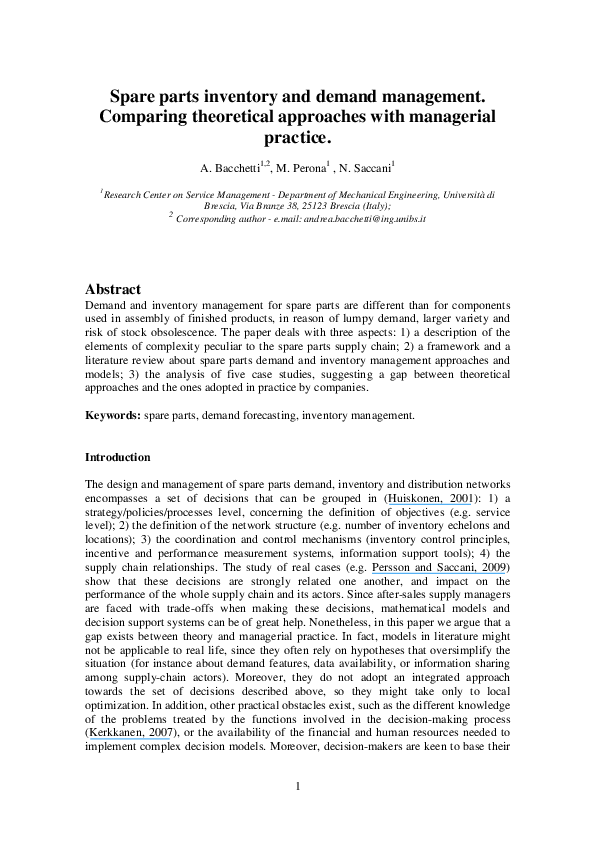 (PDF) Spare parts inventory and demand management. Comparing ...