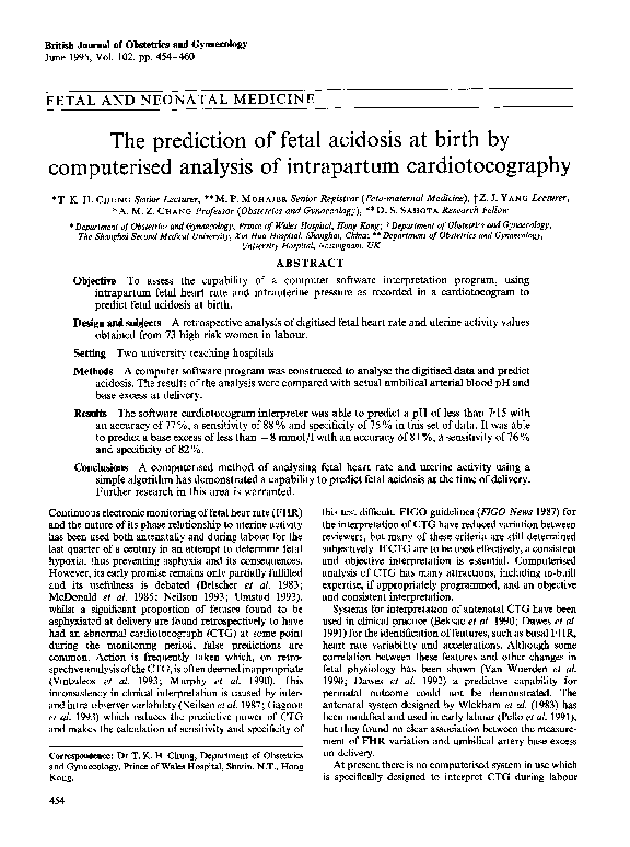 (PDF) The prediction of fetal acidosis at birth by computerised ...