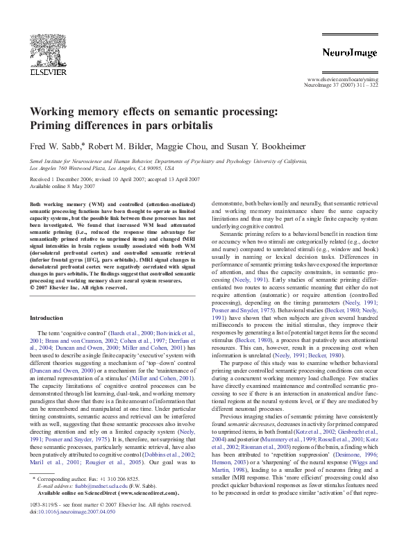 (PDF) Working memory effects on semantic processing: Priming differences in pars orbitalis
