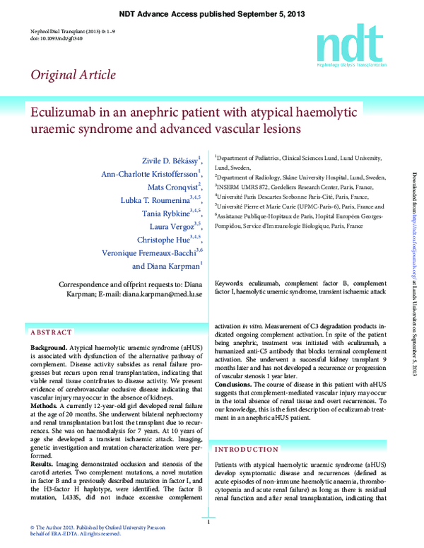 (PDF) Eculizumab in an anephric patient with atypical haemolytic ...