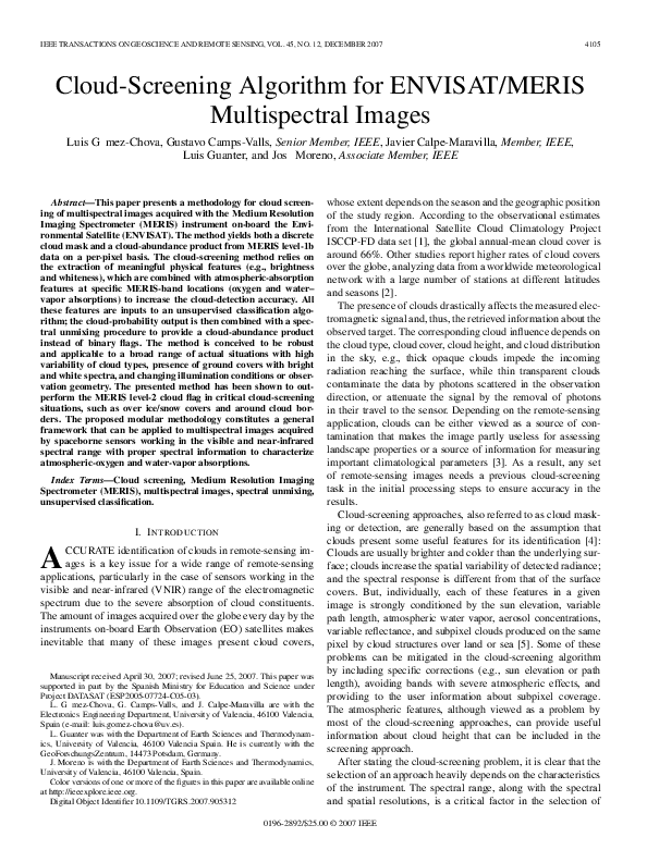 (PDF) Cloud-Screening Algorithm for ENVISAT/MERIS Multispectral Images