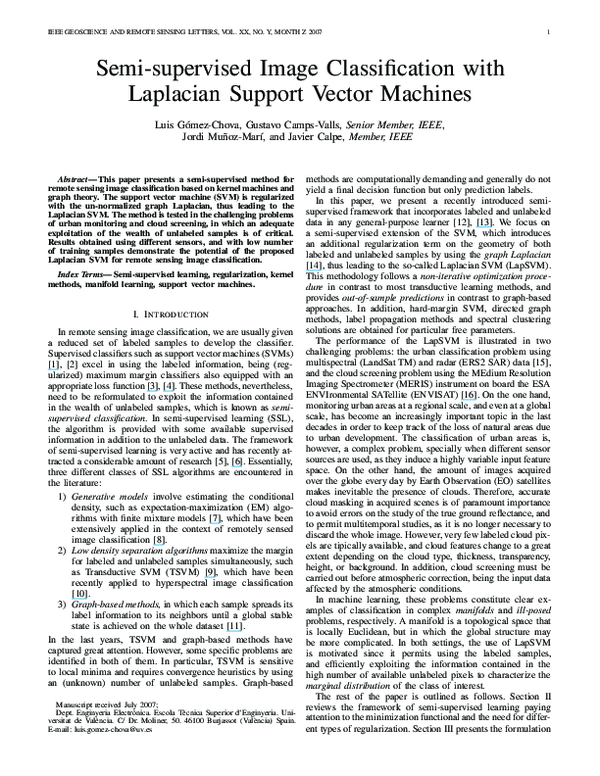 Pdf Semisupervised Image Classification With Laplacian Support Vector Machines