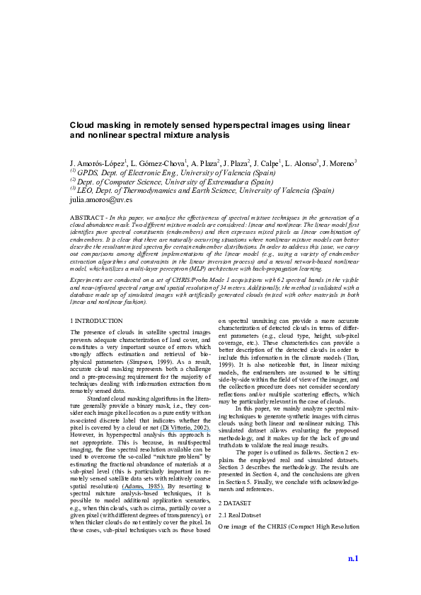 (PDF) Cloud masking in remotely sensed hyperspectral images using linear and nonlinear spectral ...