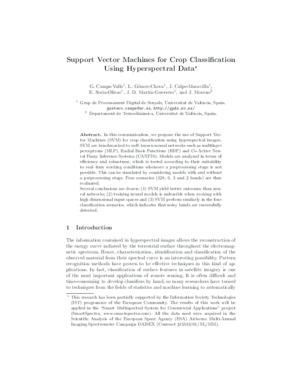 Pdf Support Vector Machines For Crop Classification Using Hyperspectral Data Javier Calpe