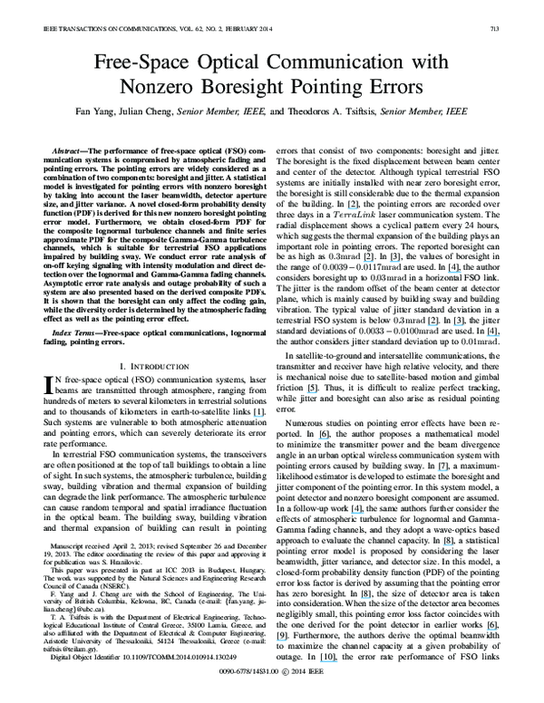 Pdf Free Space Optical Communication With Nonzero Boresight Pointing Errors