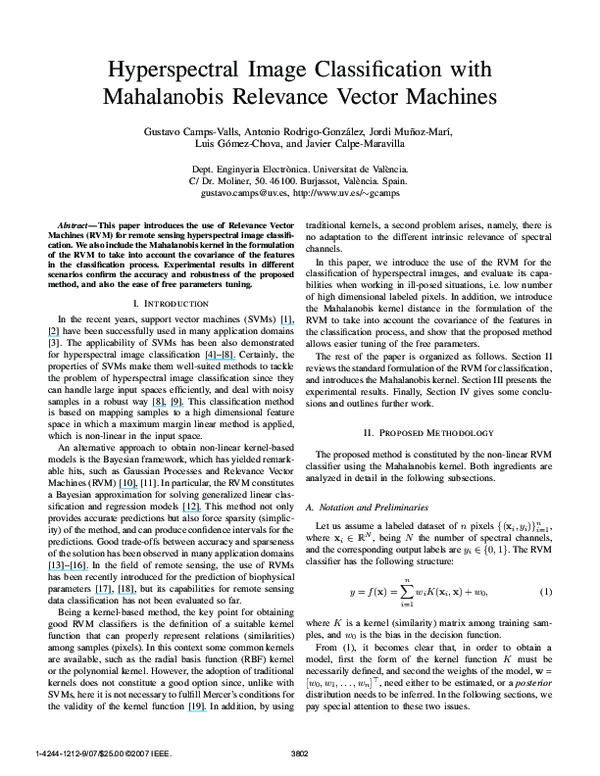 (PDF) Hyperspectral image classification with mahalanobis relevance vector machines