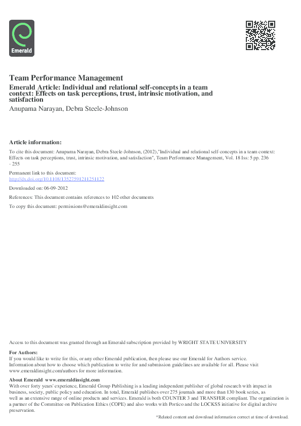 (PDF) Individual and relational self‐concepts in a team context