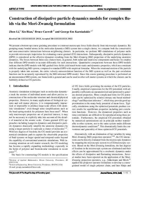 Pdf Construction Of Dissipative Particle Dynamics Models For Complex Fluids Via The Mori