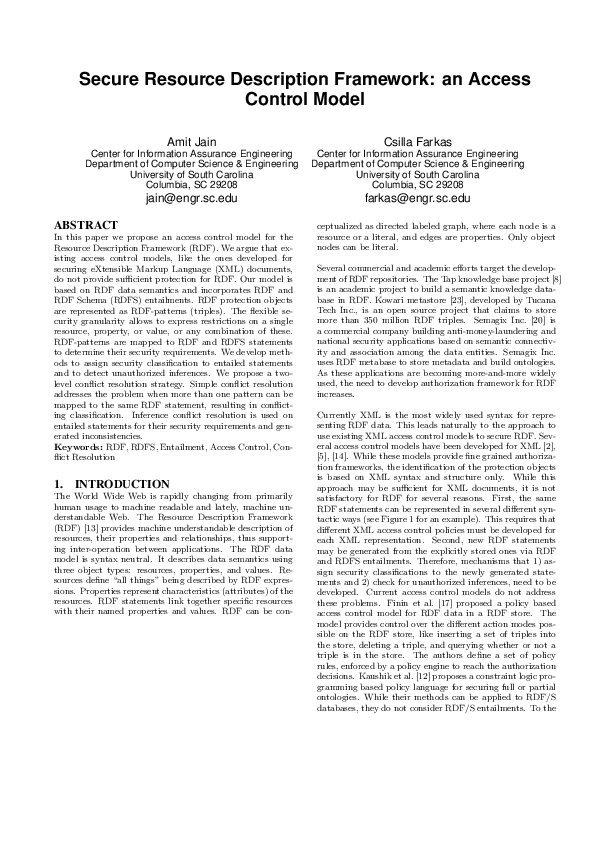 (PDF) Secure resource description framework: an access control model