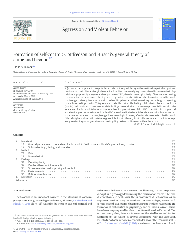 (PDF) Formation of self-control: Gottfredson and Hirschi's general ...