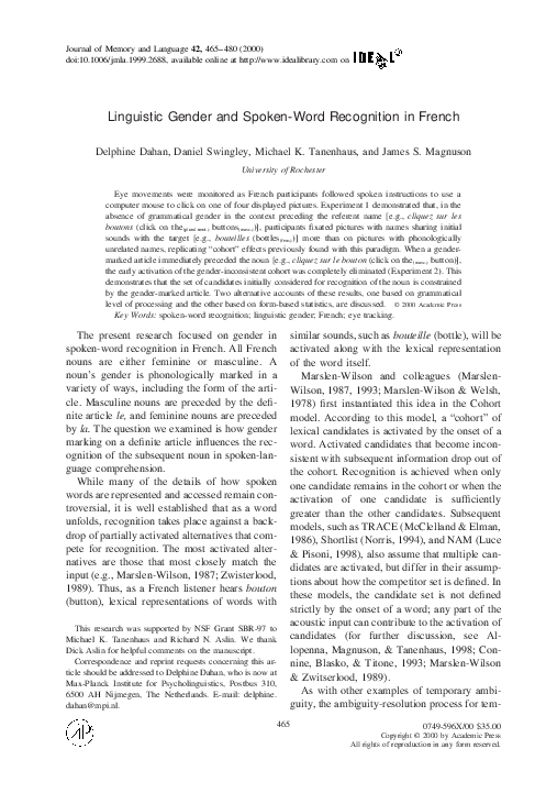 Pdf Linguistic Gender And Spoken Word Recognition In French