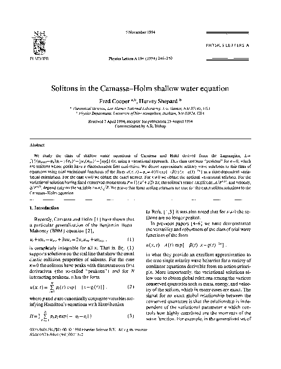 (PDF) Solitons in the Camassa-Holm shallow water equation
