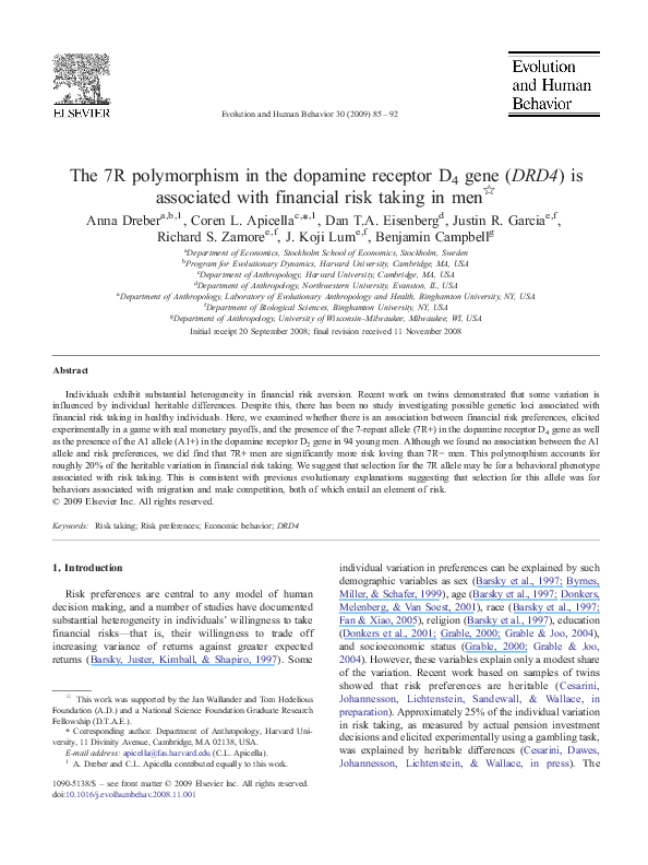 (PDF) The 7R polymorphism in the dopamine receptor D 4 gene ( DRD4) is ...
