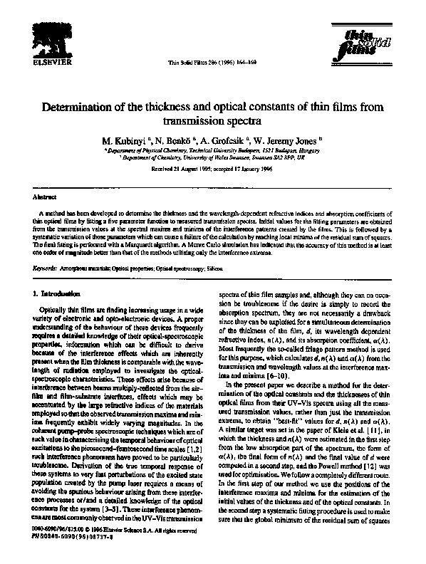 (PDF) Determination of the thickness and optical constants of thin ...