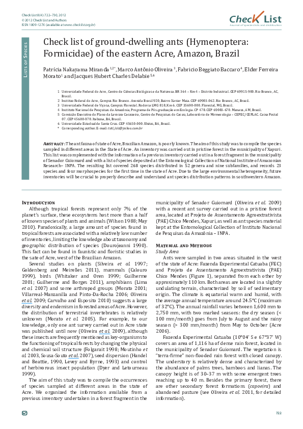(PDF) Check list of ground-dwelling ants (Hymenoptera: Formicidae) of the eastern Acre, Amazon ...