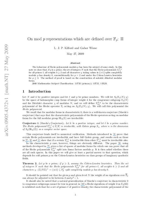 Pdf On Mod P Representations Which Are Defined Over F P Ii