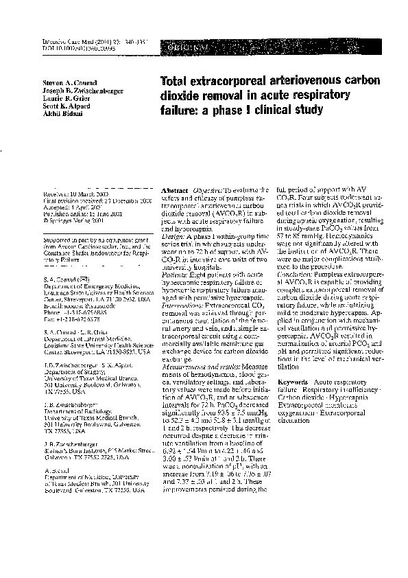 (PDF) Total extracorporeal arteriovenous carbon dioxide removal in ...
