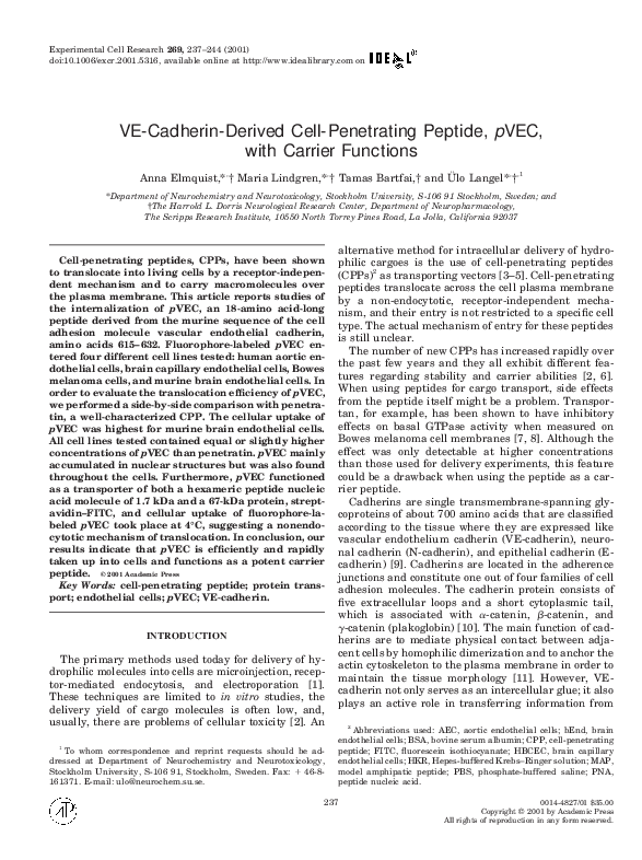 (PDF) VE-Cadherin-Derived Cell-Penetrating Peptide, pVEC, with Carrier ...