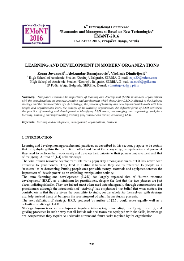(PDF) LEARNING AND DEVELOPMENT IN MODERN ORGANIZATIONS
