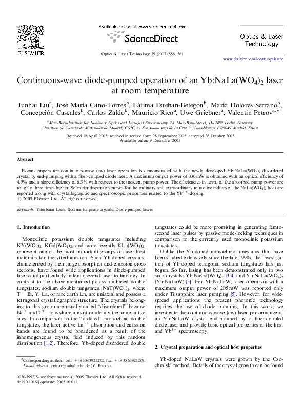 (PDF) Continuous-wave diode-pumped operation of an Yb:NaLa(WO4)2 laser at room temperature