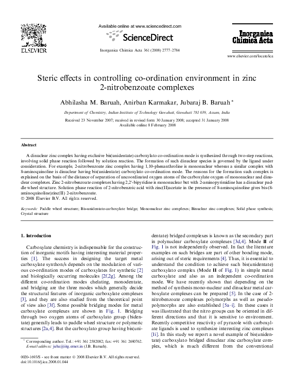 (PDF) Steric effects in controlling co-ordination environment in zinc 2 ...