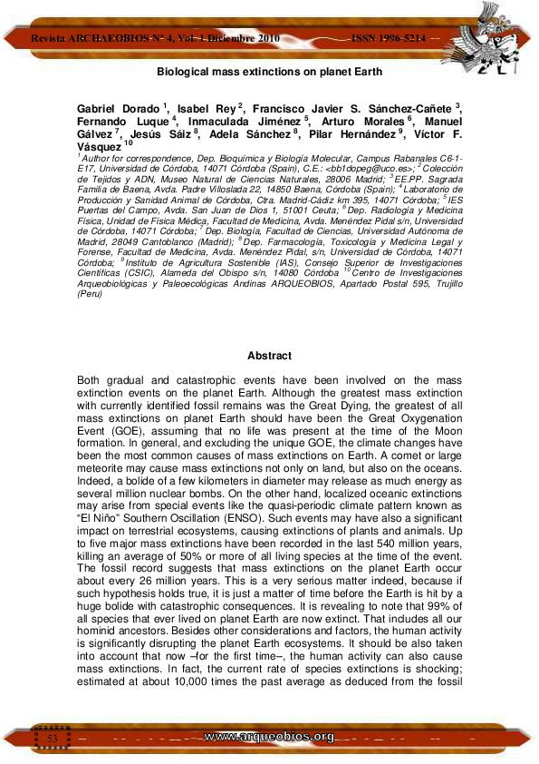 (PDF) Biological mass extinctions on planet Earth