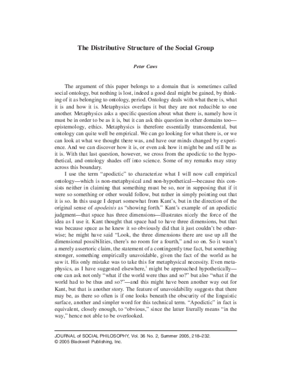 (PDF) The Distributive Structure of the Social Group | Peter Caws ...