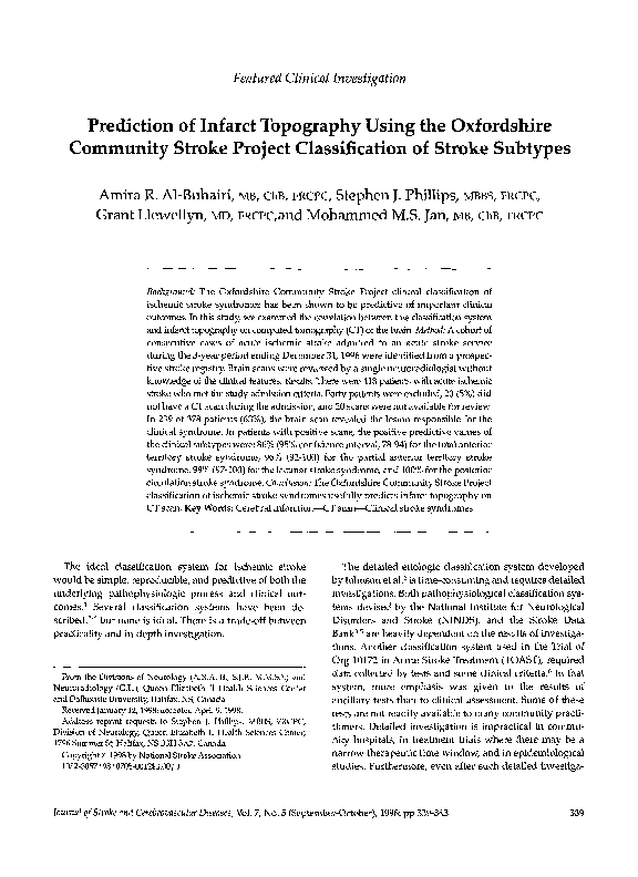 Pdf Prediction Of Infarct Topography Using The Oxfordshire Community