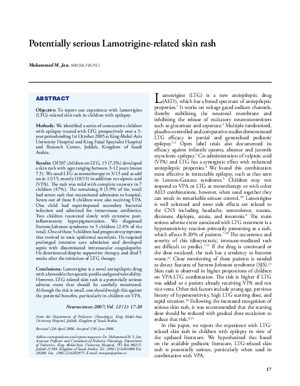 (PDF) Potentially serious Lamotrigine-related skin rash