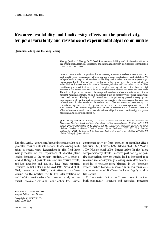 Pdf Resource Availability And Biodiversity Effects On The Productivity Temporal Variability