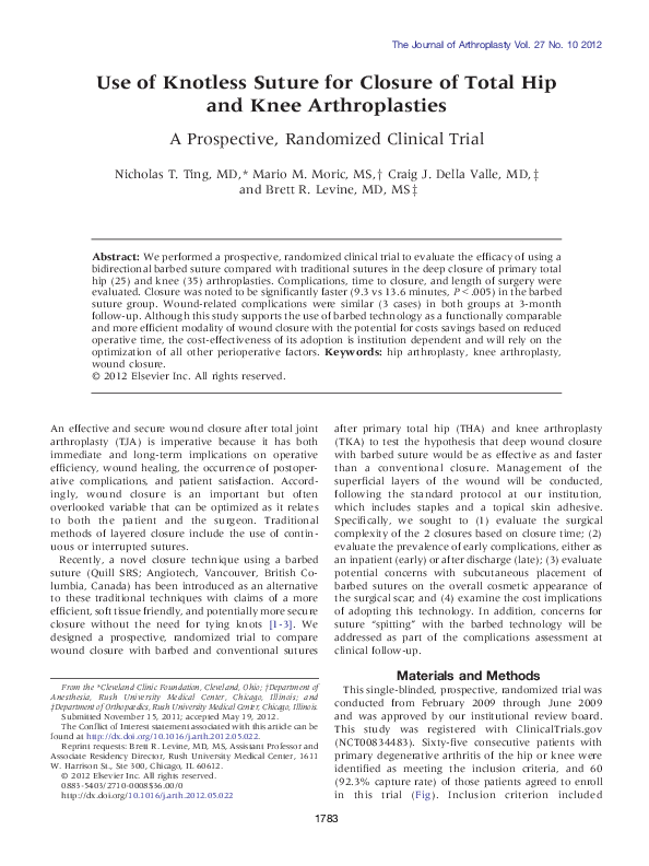 (PDF) Use of Knotless Suture for Closure of Total Hip and Knee ...