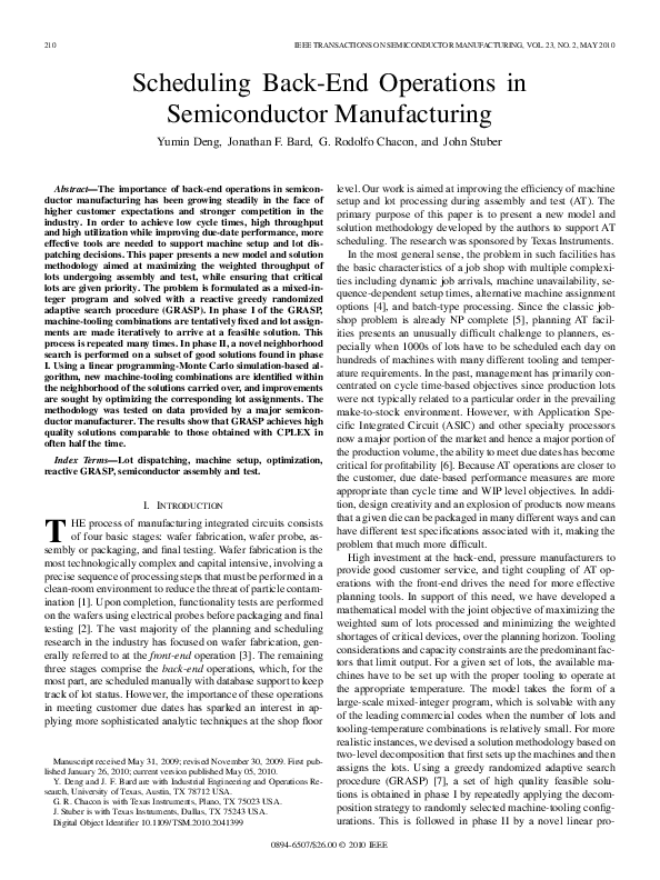 (PDF) Scheduling Back-End Operations in Semiconductor Manufacturing