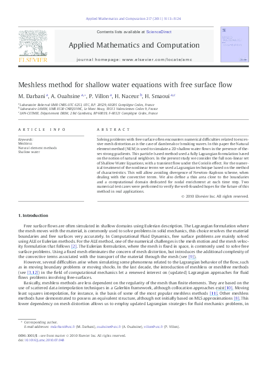(PDF) Meshless method for shallow water equations with free surface flow