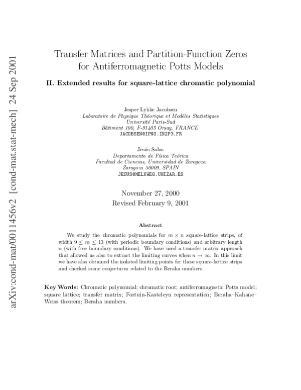 Pdf Transfer Matrices And Partition Function Zeros For